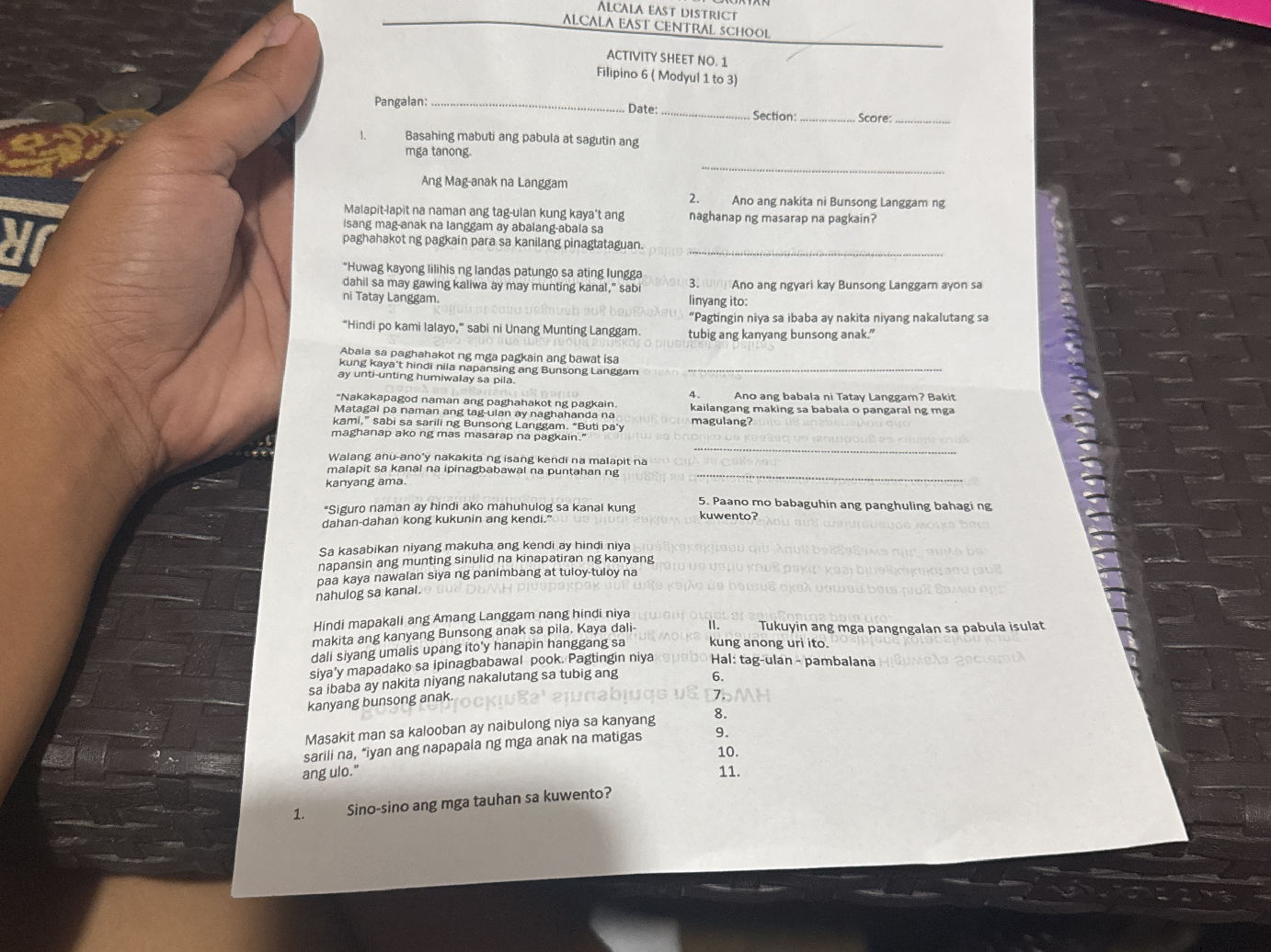 Pangalan: Date: Section: Score: 1. Basahing | StudyX