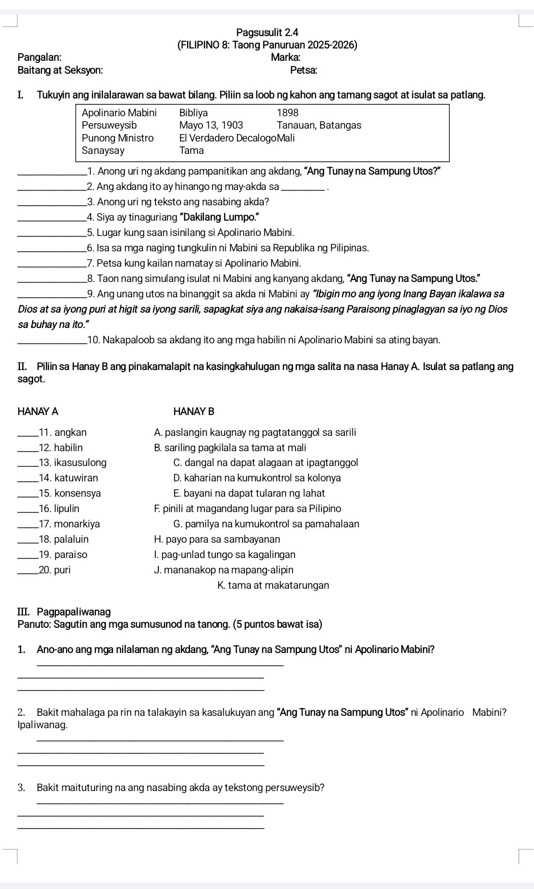 I. Tukuyin ang inilalarawan sa bawat bilang. | StudyX