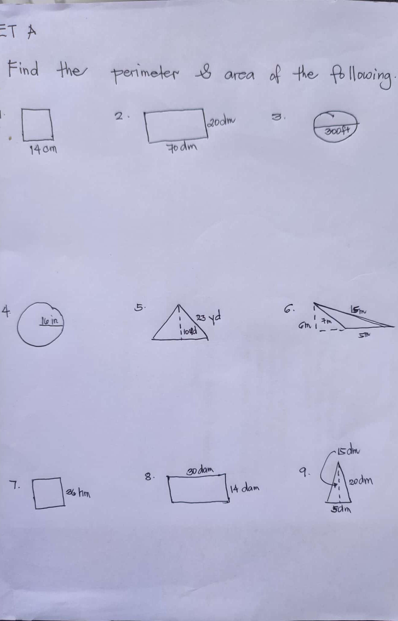 Find the perimeter area of the following. | StudyX