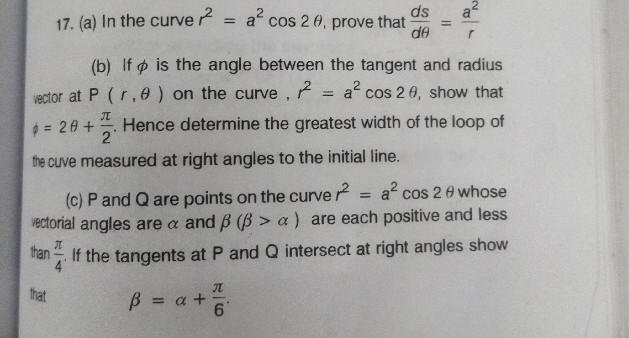 17. (a) In the curve $r^2 = a^2 2 $, prove | StudyX