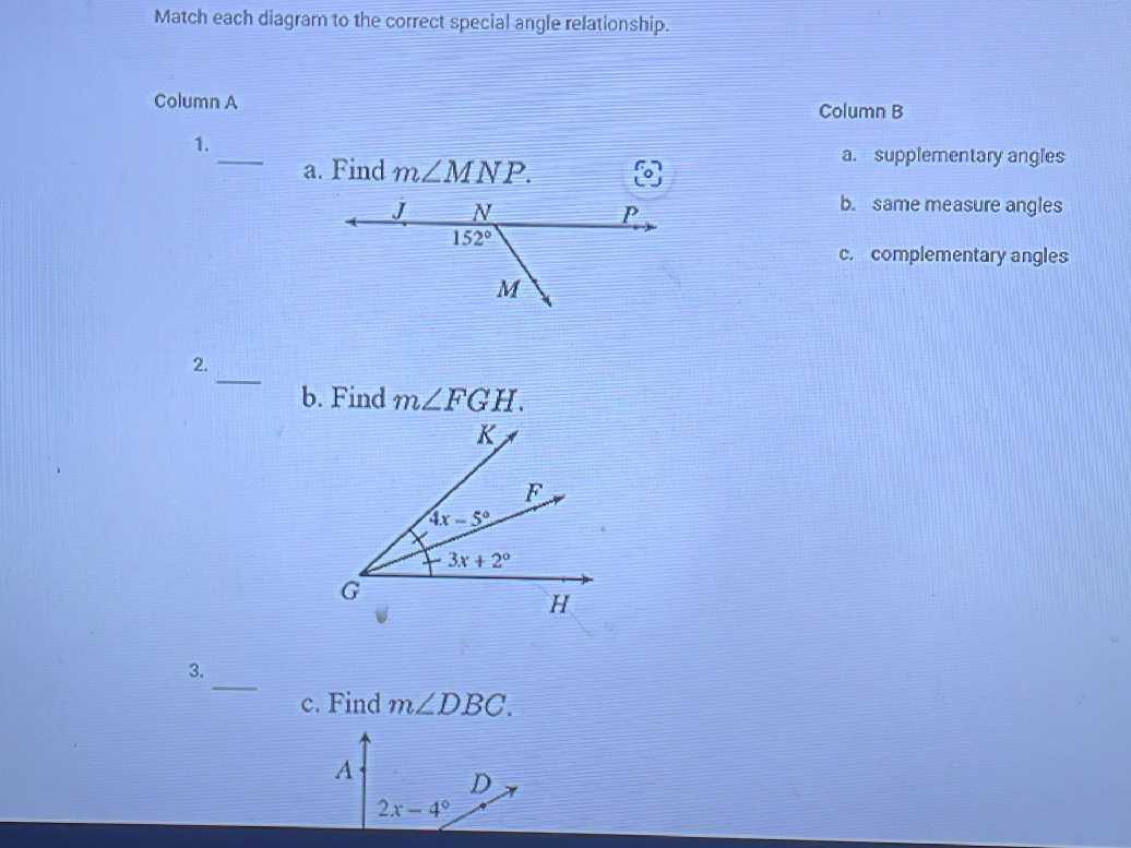 Match each diagram to the correct special | StudyX