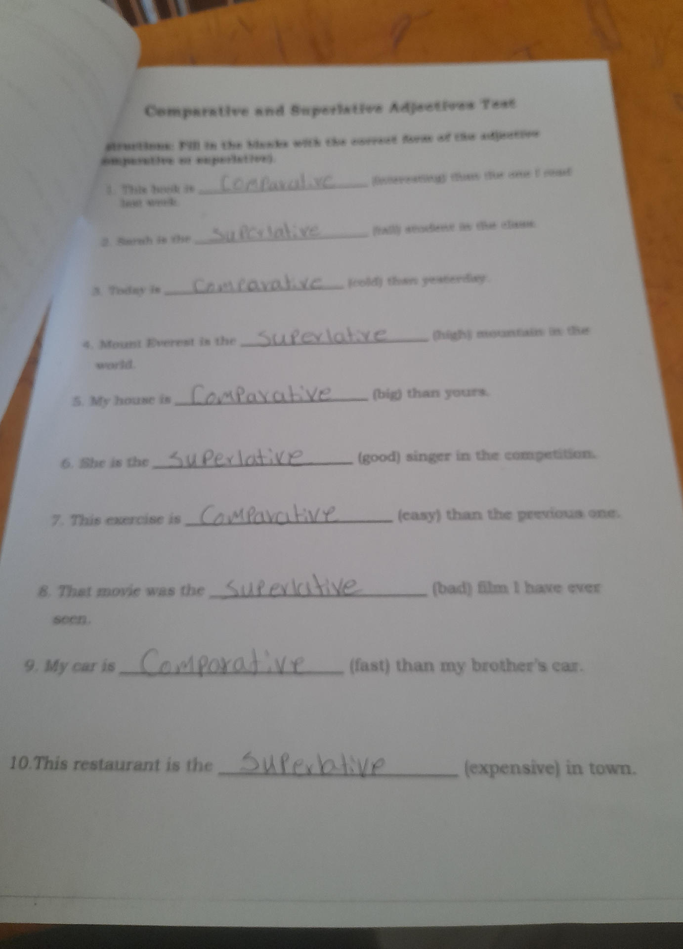 Comparative and Superlative Adjectives Test | StudyX