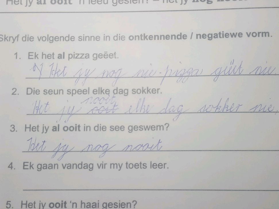 Skryf die volgende sinne in die ontkennende | StudyX