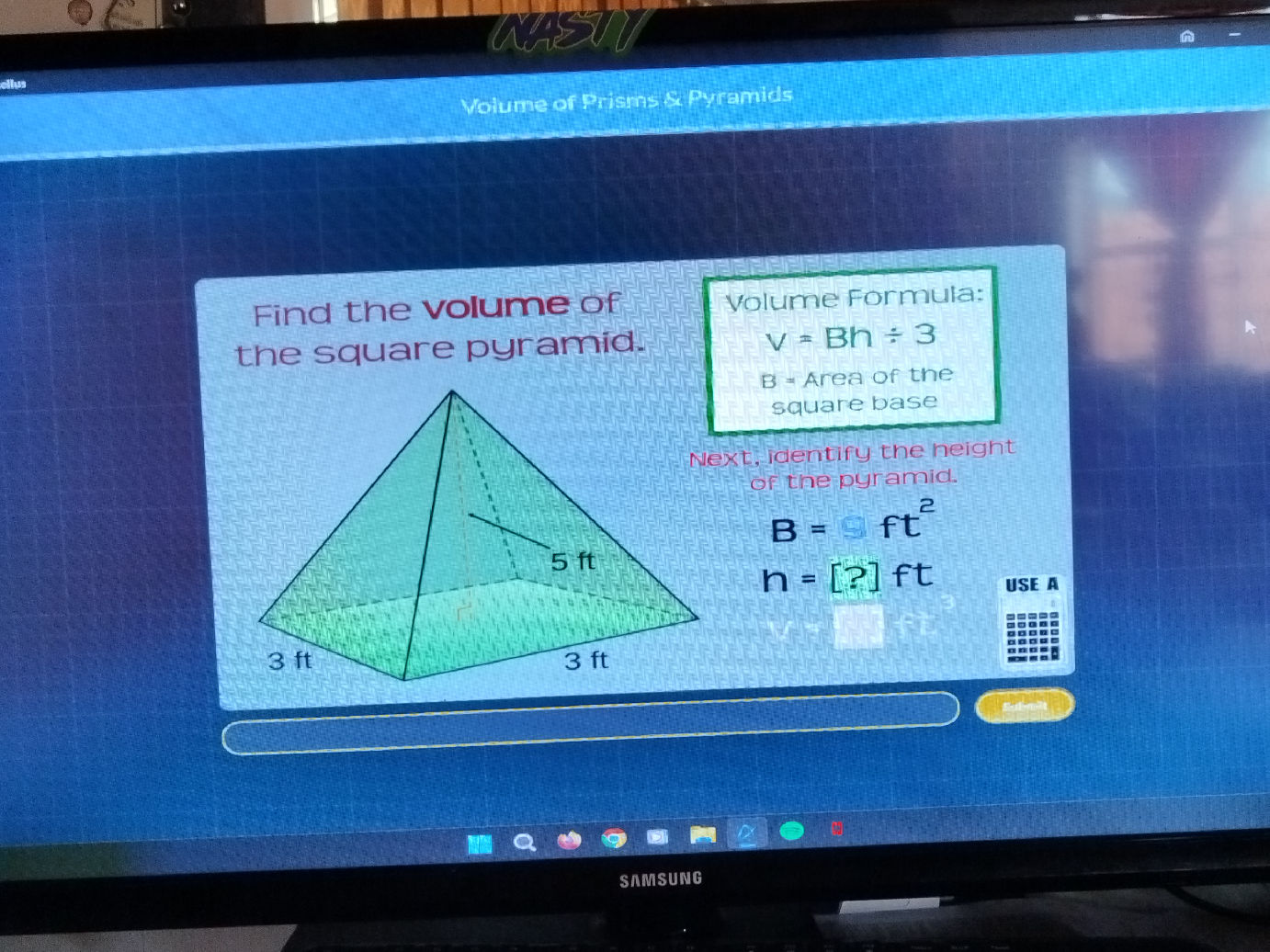 Find the volume of the square pyramid. | StudyX