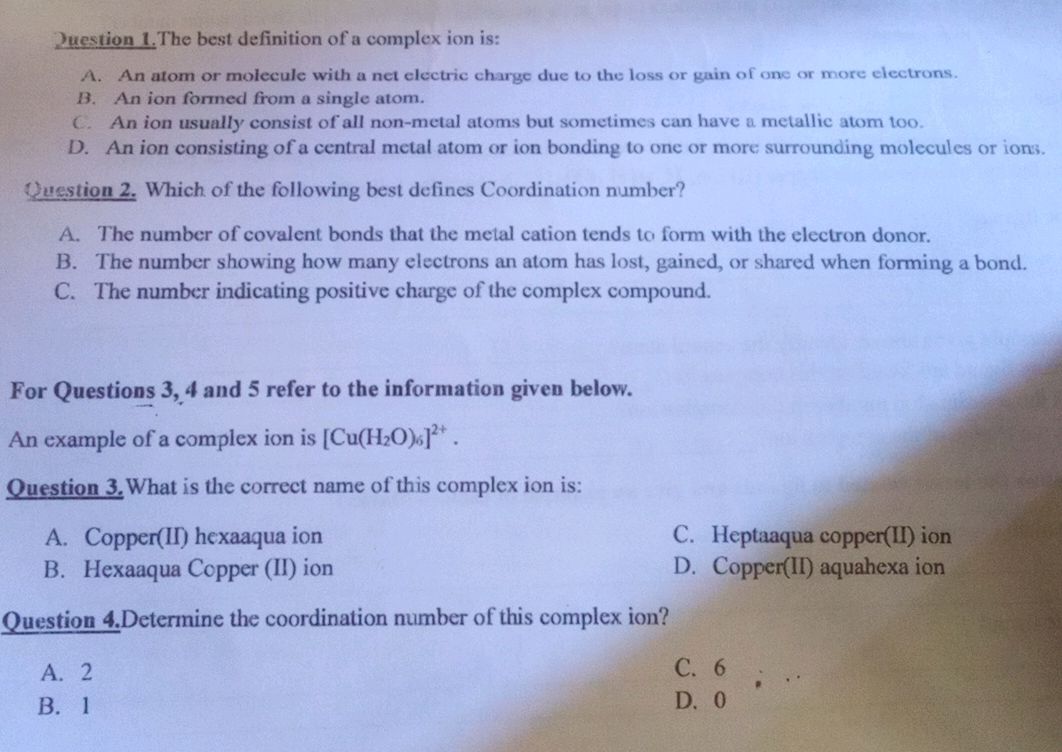 Question 1. The best definition of a complex | StudyX