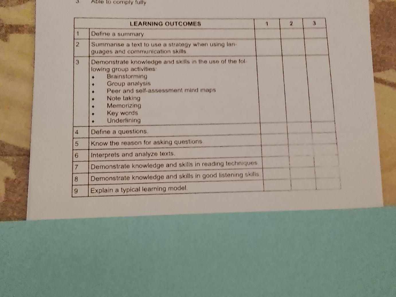 LEARNING OUTCOMES | | | 1 | 2 | 3 | | StudyX