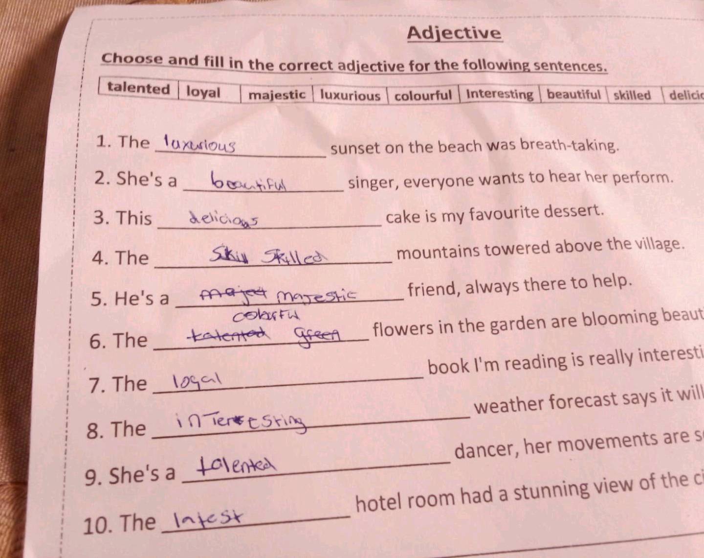 Adjective Choose and fill in the correct | StudyX