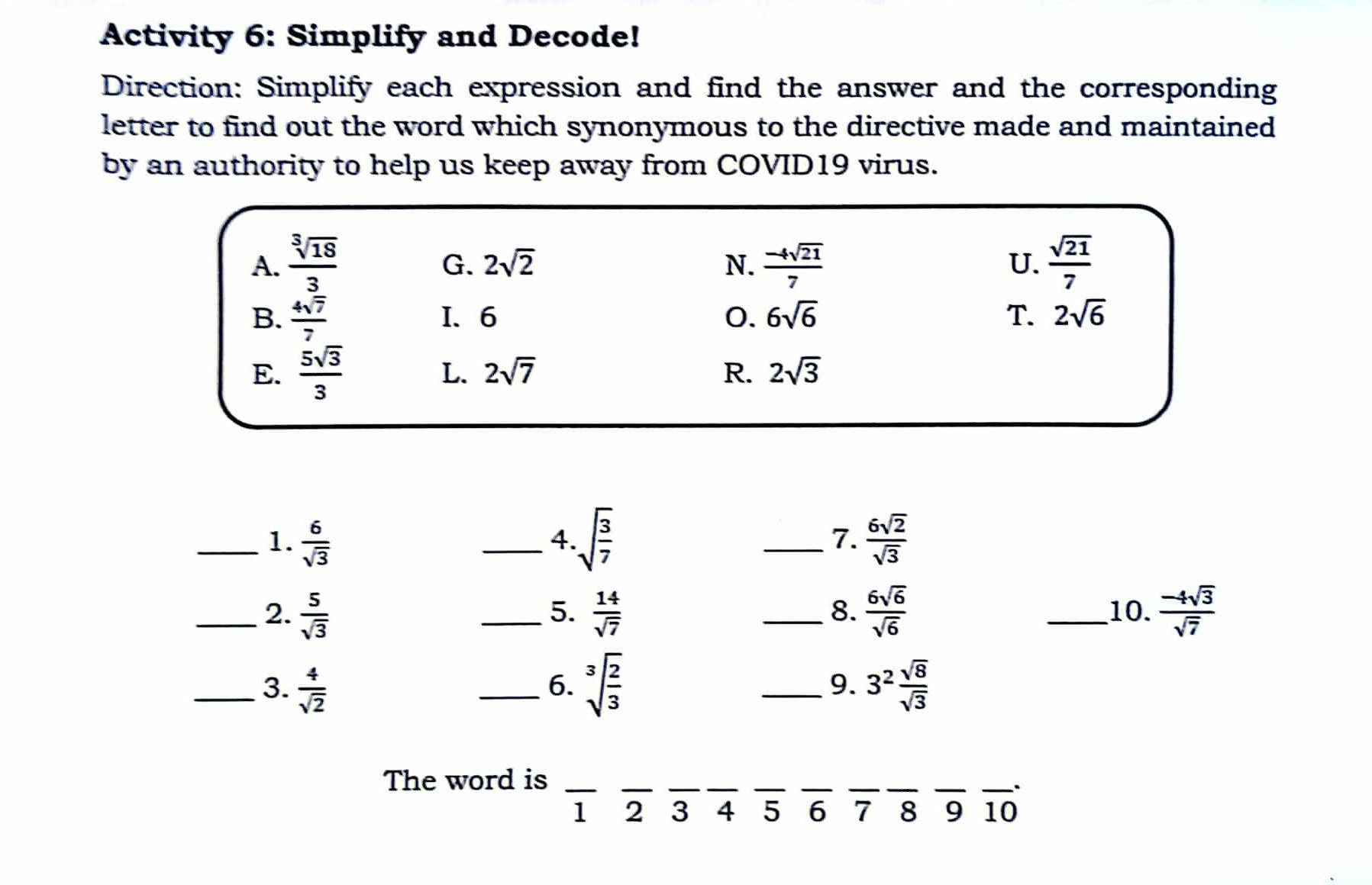 Activity 6: Simplify and Decode! Direction: | StudyX