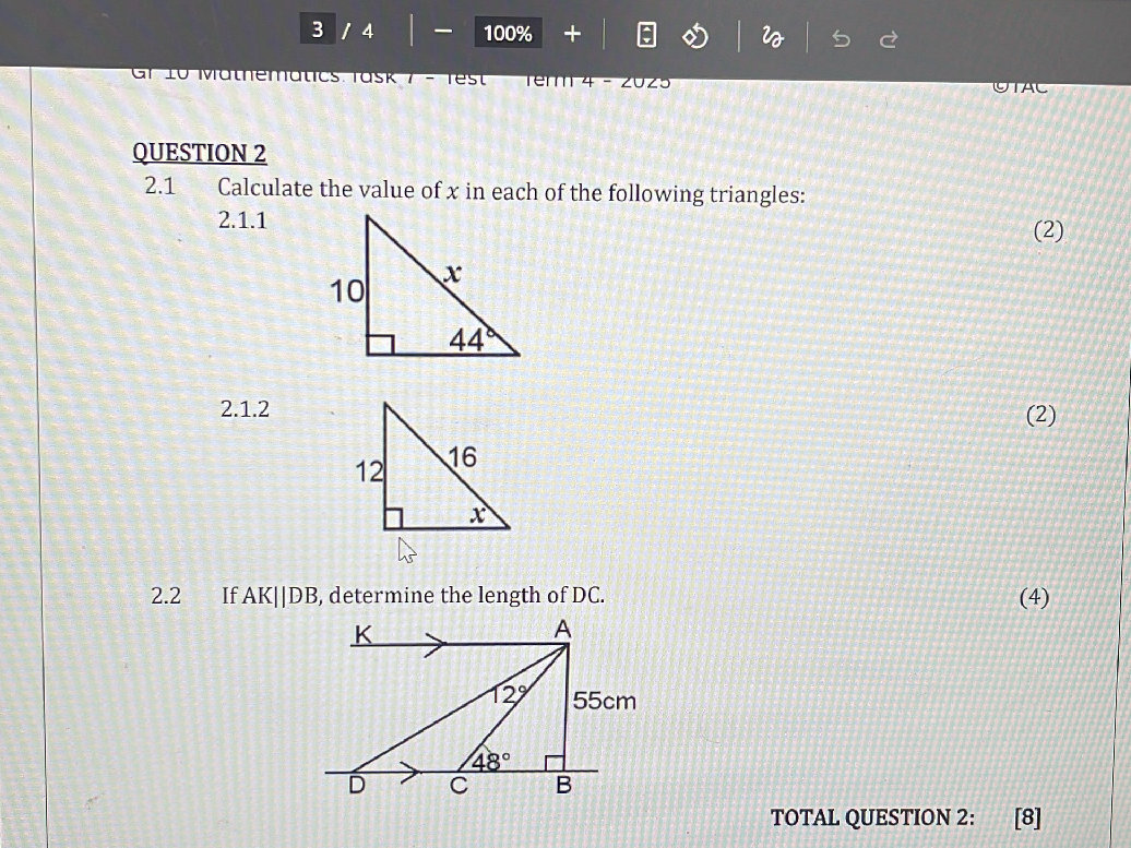 QUESTION 2 2.1 Calculate the value of x in | StudyX