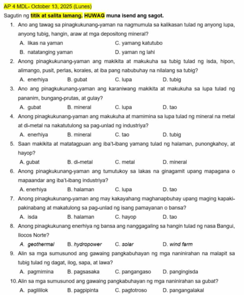 3. Ano ang pinagkukunang-yaman ang | StudyX