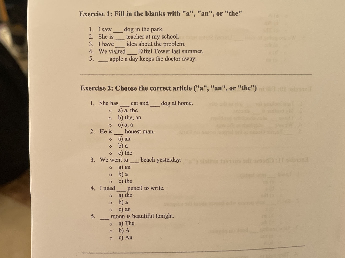 Exercise 2: Choose the correct article ("a", | StudyX