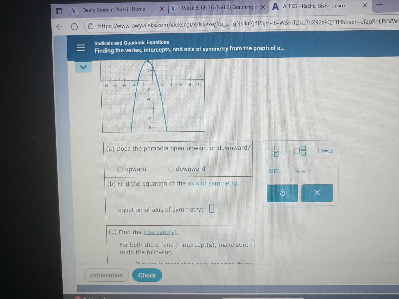 Finding the vertex, intercepts, and axis of | StudyX