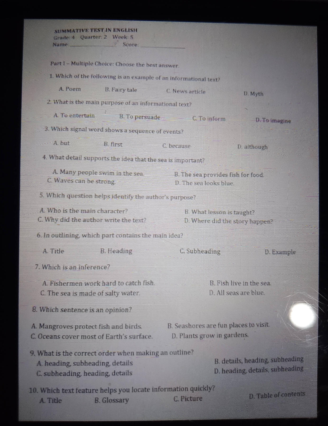 SUMMATIVE TEST IN ENGLISH Grade: 4 Quarter: | StudyX