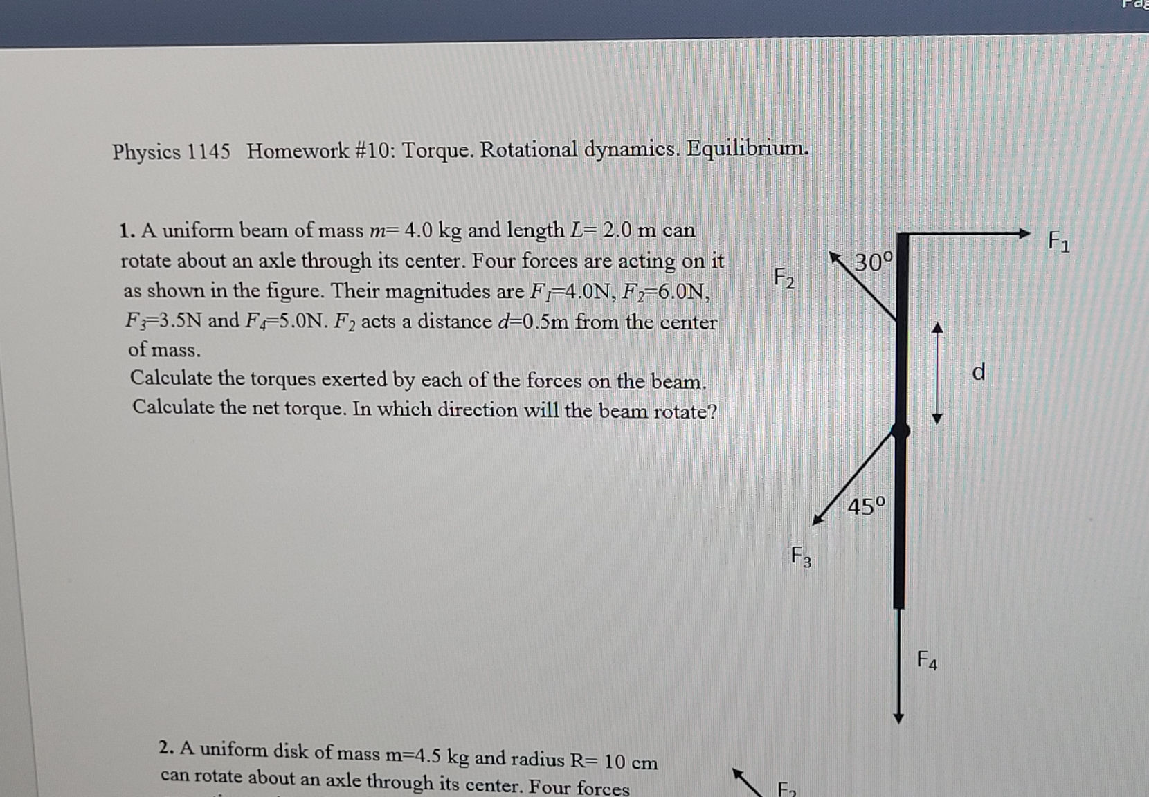 Physics 1145 Homework #10: Torque. | StudyX