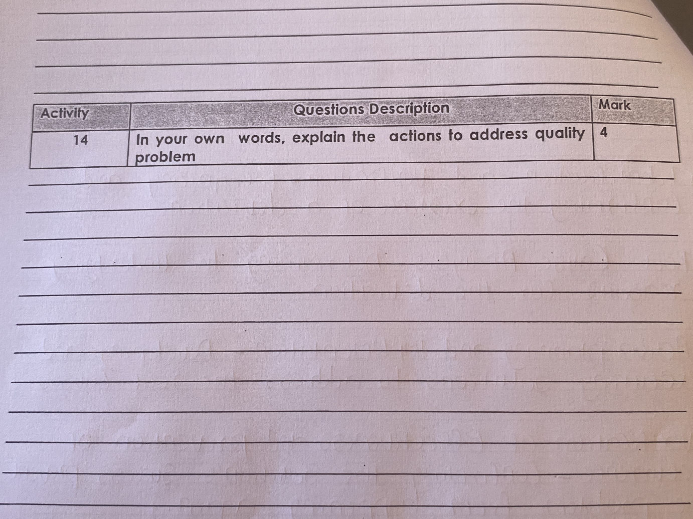 | Activity | Questions Description | Mark | | StudyX