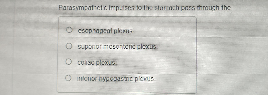 Parasympathetic impulses to the stomach pass | StudyX