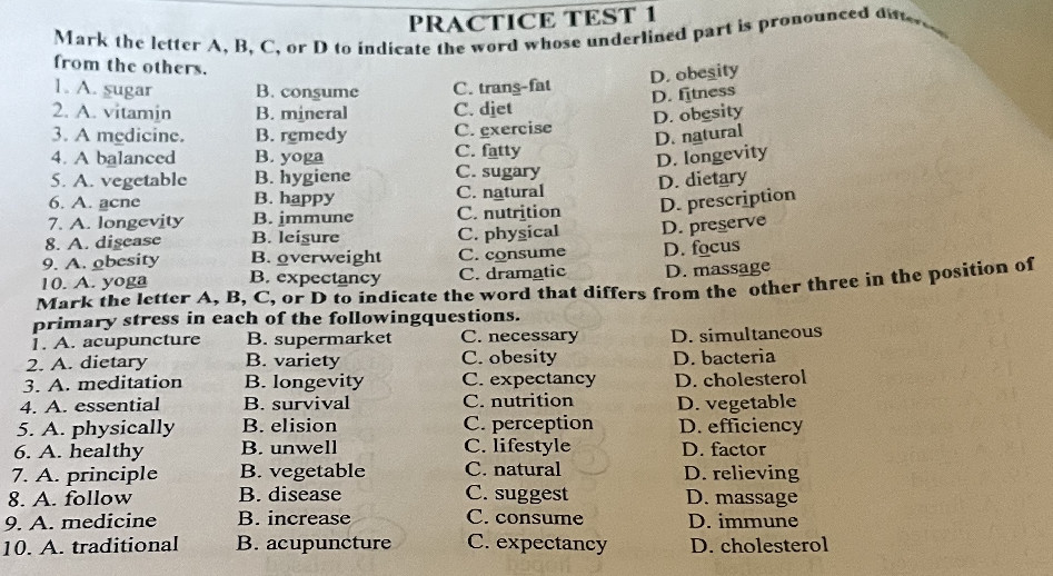 PRACTICE TEST 1 Mark the letter A, B, C, or | StudyX