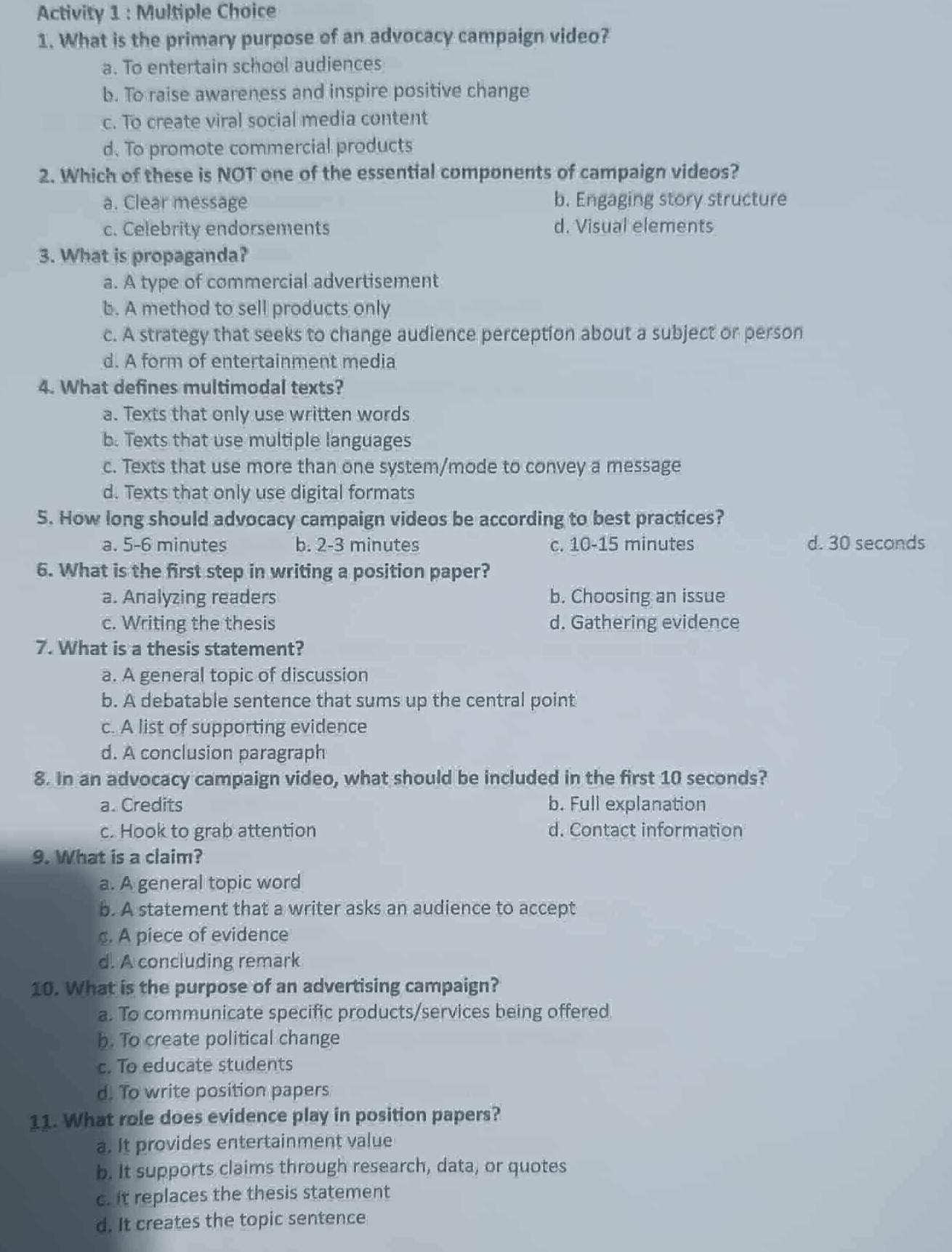 9. What is a claim? a. A general topic word | StudyX