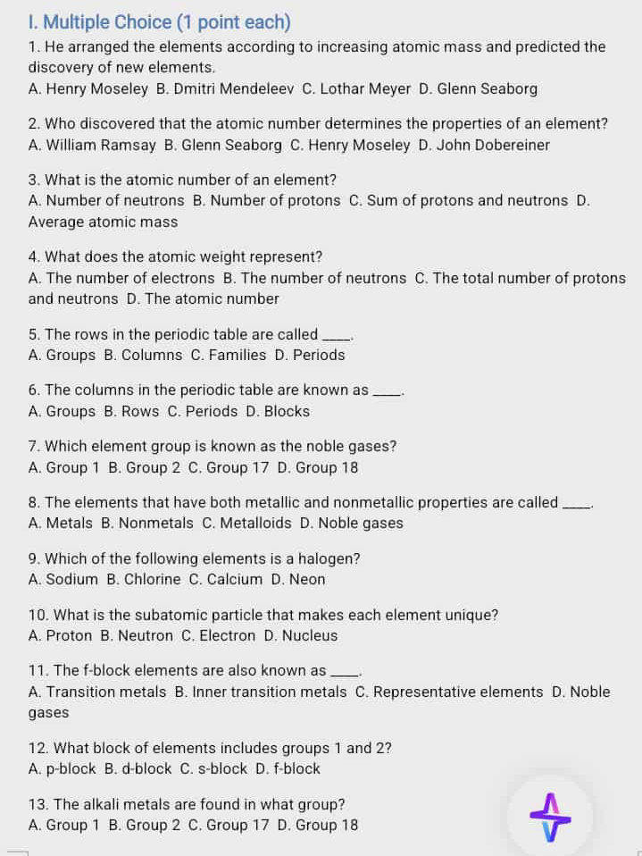 I. Multiple Choice (1 point each) 1. He | StudyX