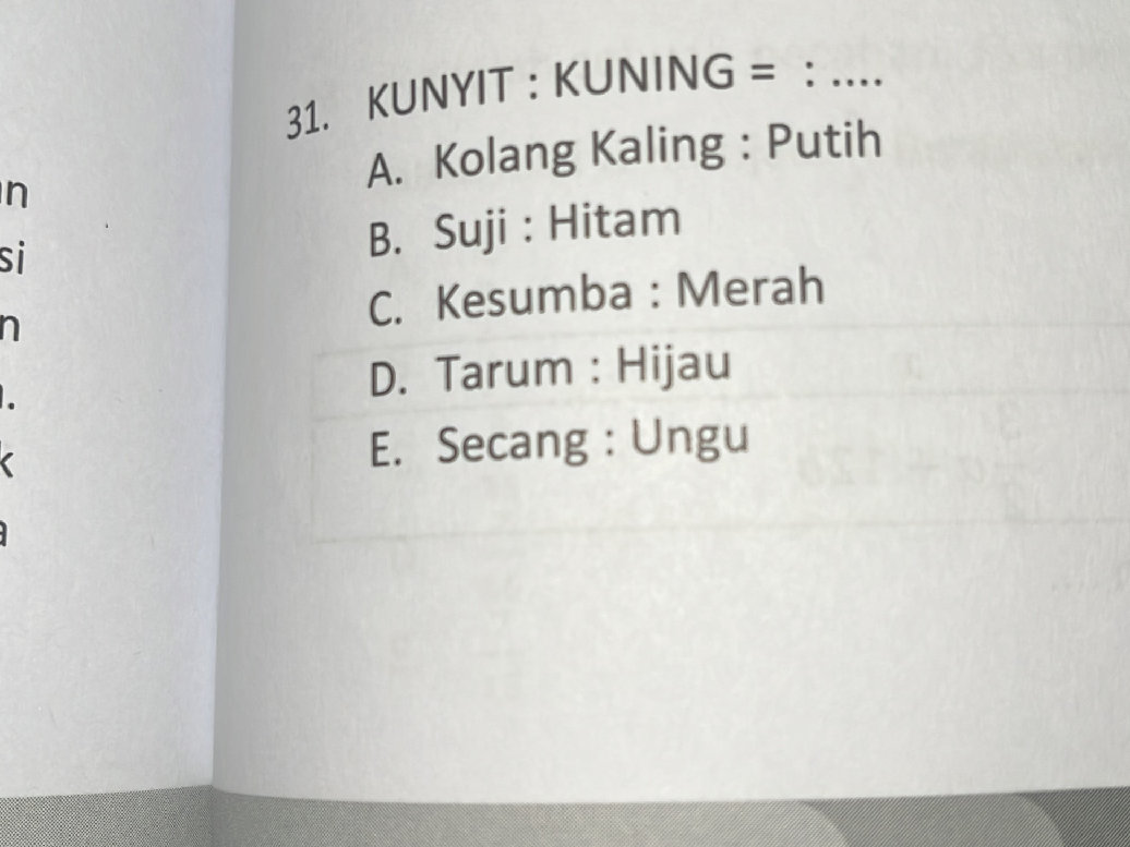 KUNYIT : KUNING = : .... A. Kolang Kaling