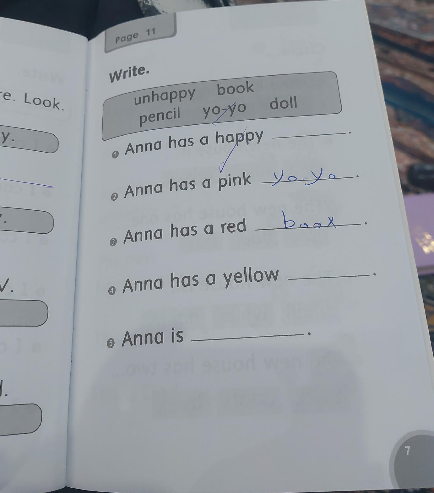 Write. Words available: unhappy book pencil | StudyX
