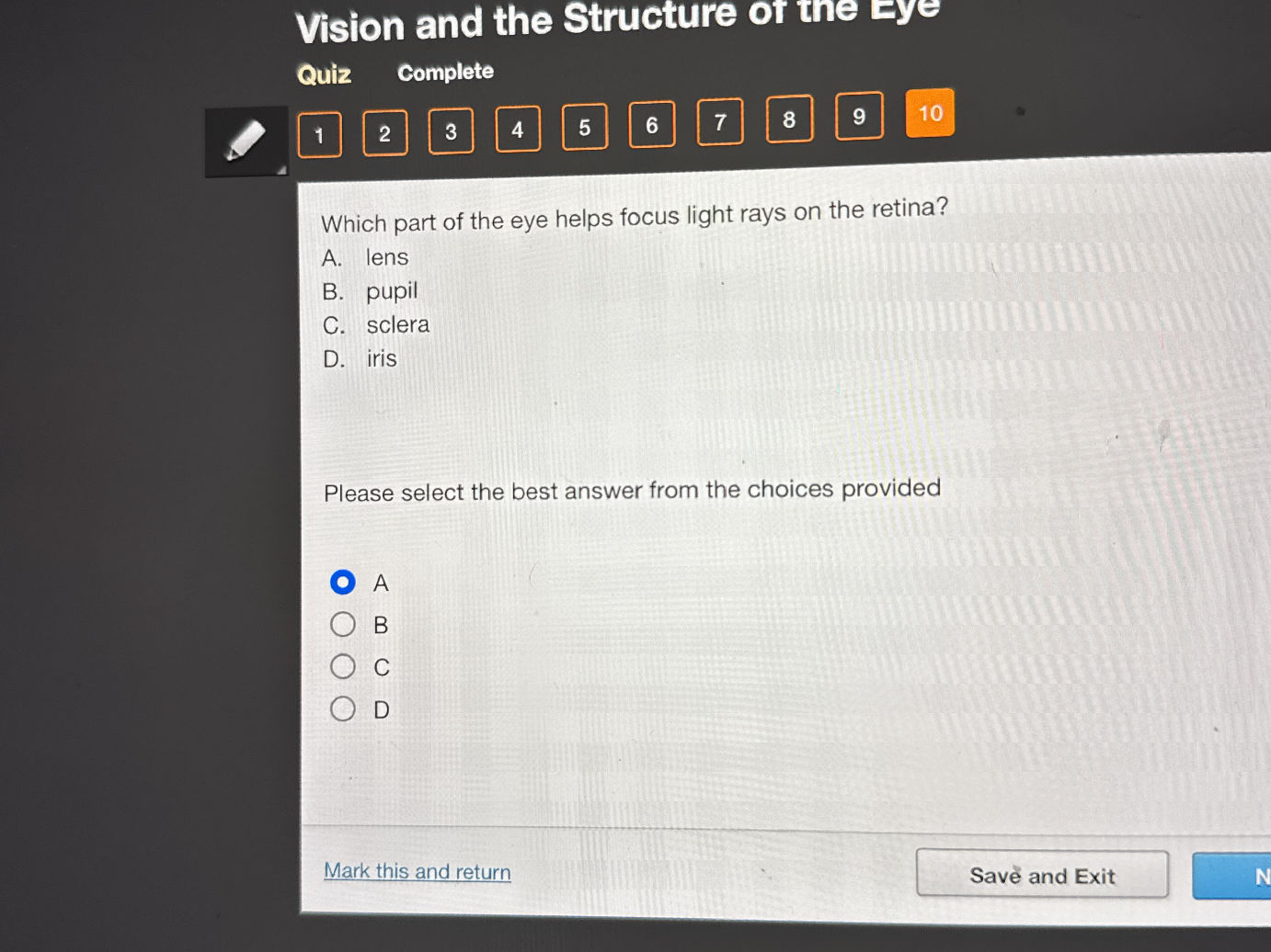 Which part of the eye helps focus light rays | StudyX