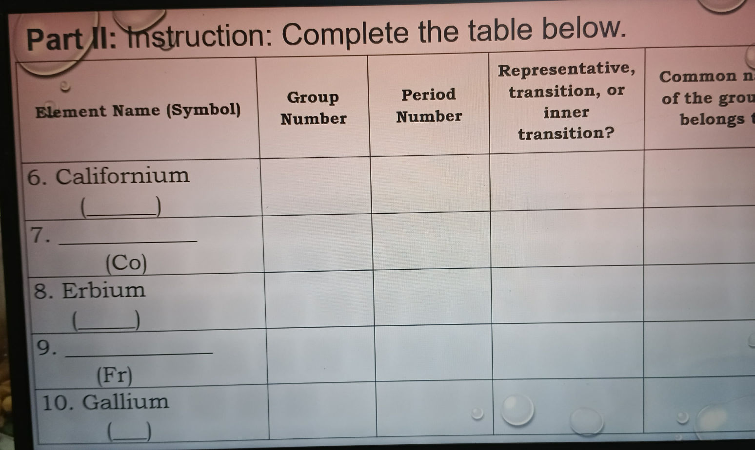 Part II: Instruction: Complete the table | StudyX