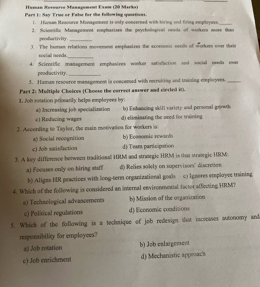 Human Resource Management Exam (20 Marks) | StudyX
