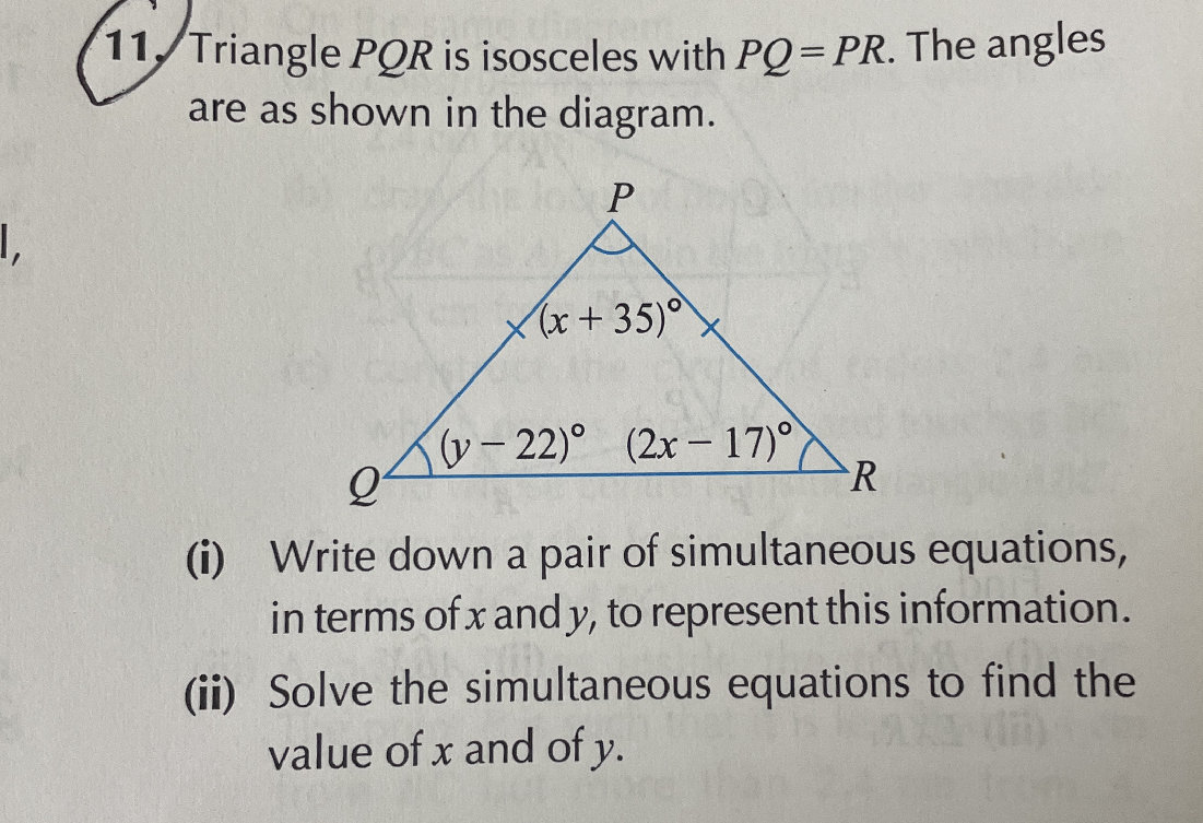 Triangle $PQR$ is isosceles with $PQ = PR$. | StudyX