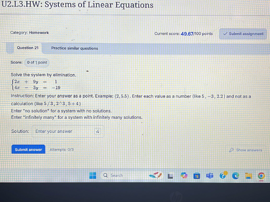Solve the system by elimination. $\ 2x + 9y | StudyX