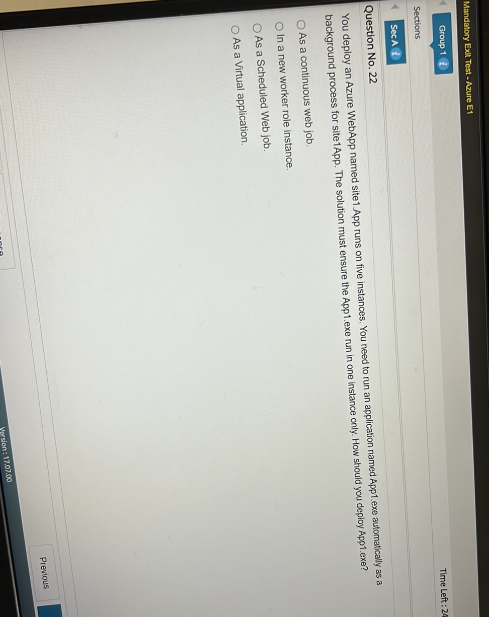 Question No. 22 You deploy an Azure WebApp | StudyX