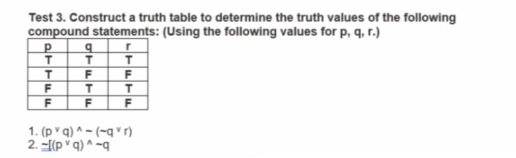 Test 3. Construct a truth table to determine | StudyX