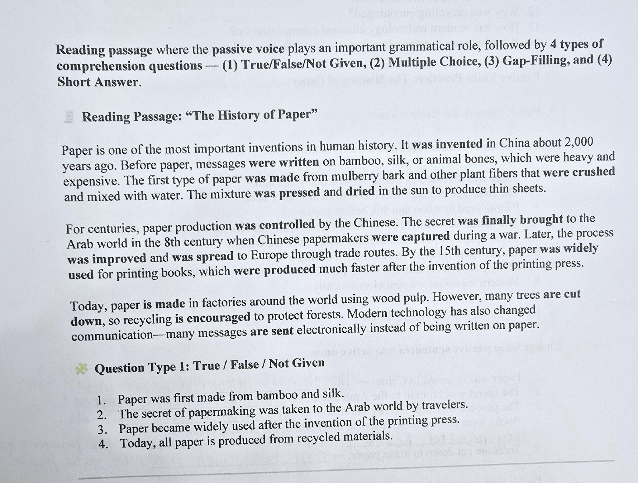 Reading Passage: “The History of Paper” | StudyX