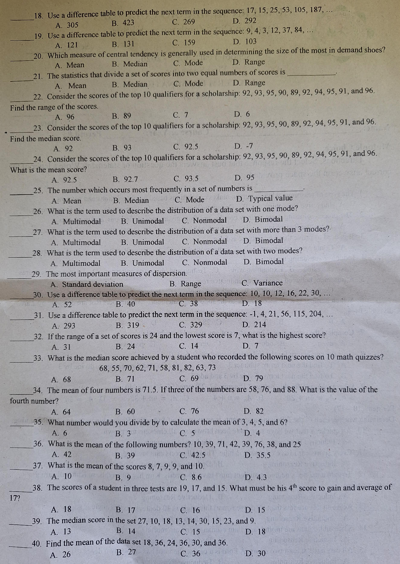 18. Use a difference table to predict the | StudyX