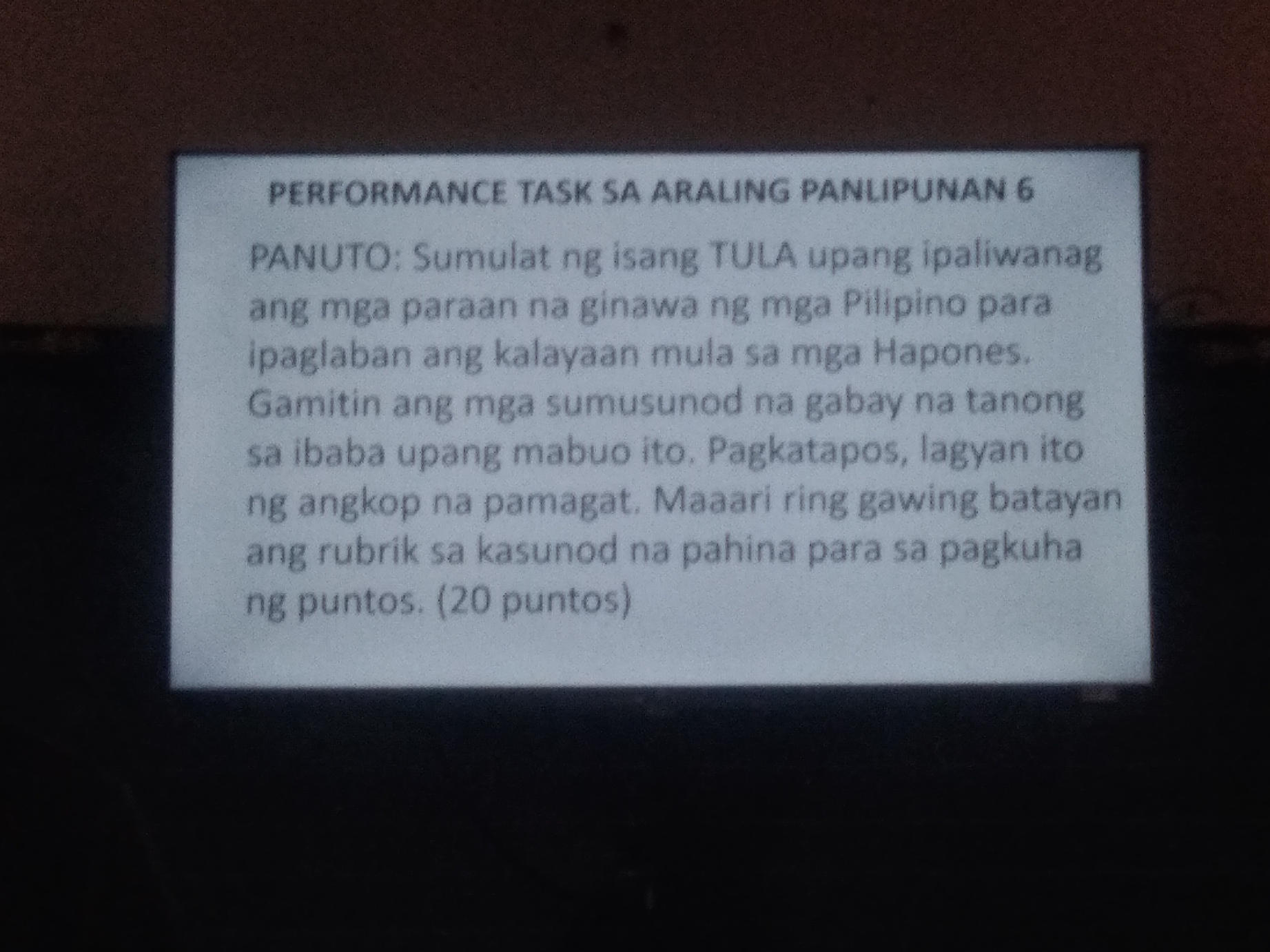 PERFORMANCE TASK SA ARALING PANLIPUNAN 6 | StudyX