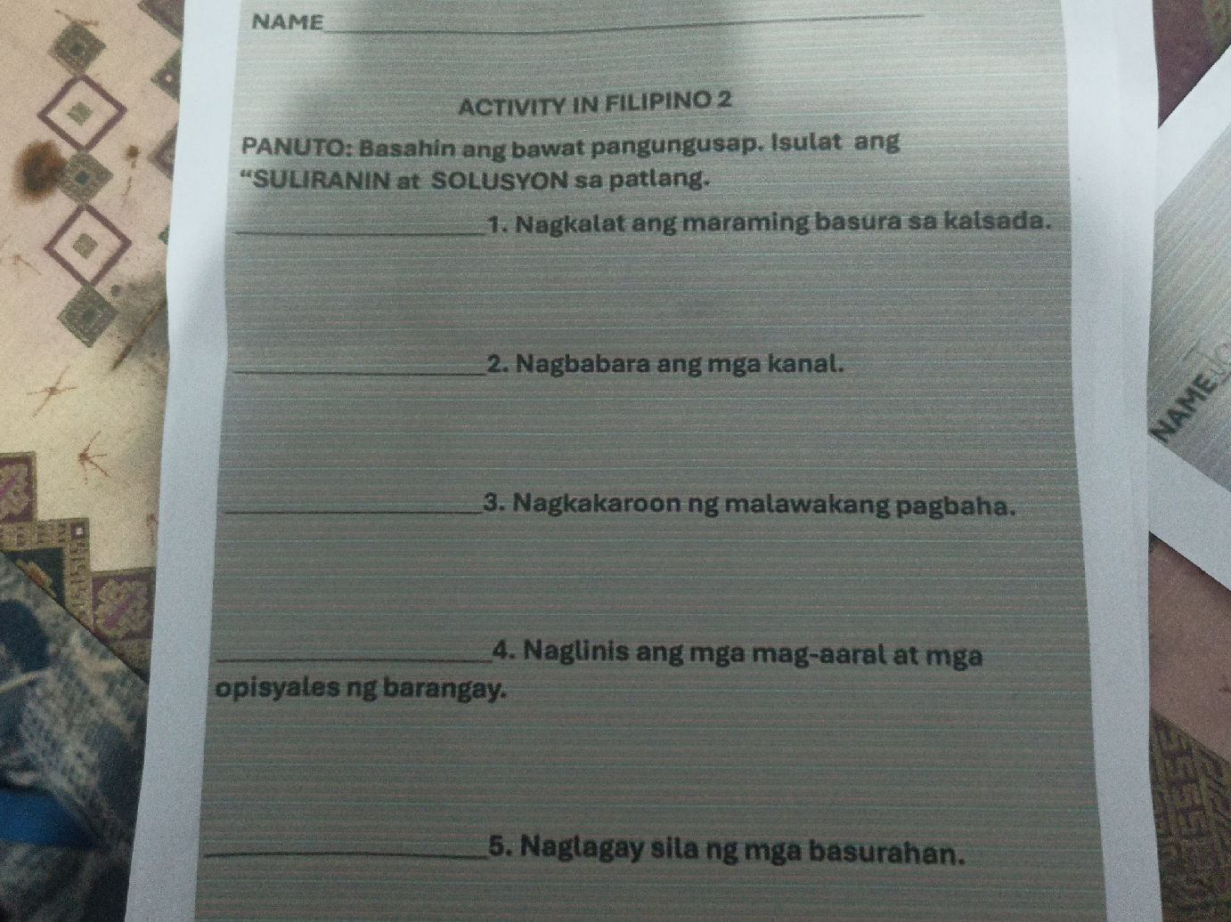 ACTIVITY IN FILIPINO 2 PANUTO: Basahin ang | StudyX