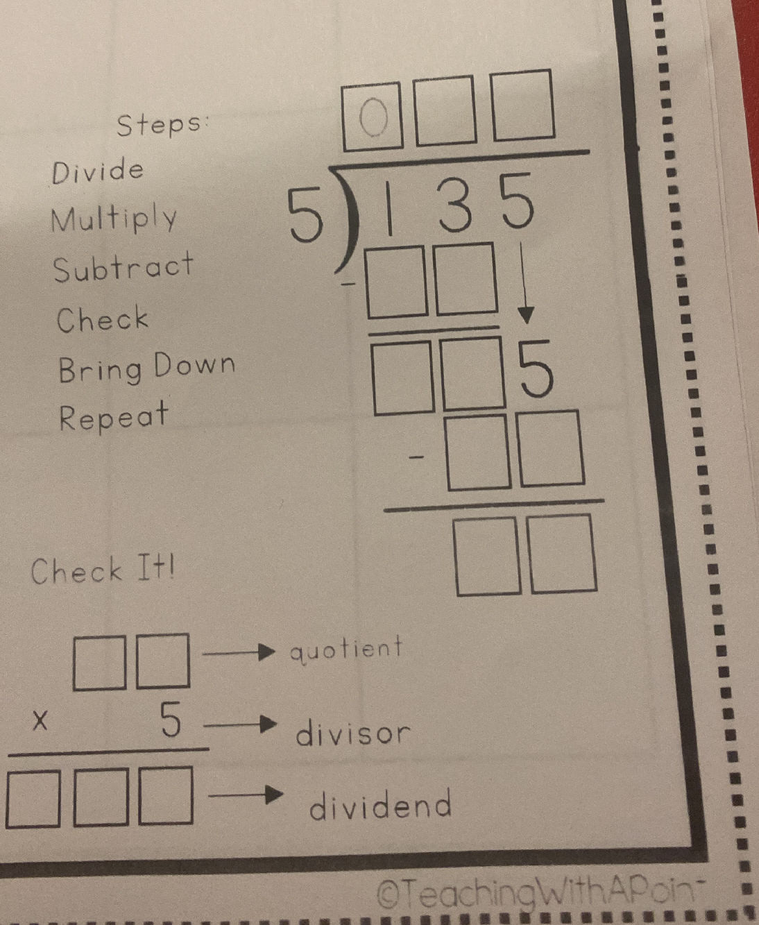 Complete the long division problem $135 5$ | StudyX