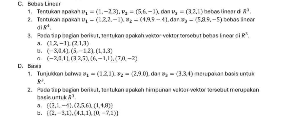 C. Bebas Linear 1. Tentukan apakah $v_1 = | StudyX