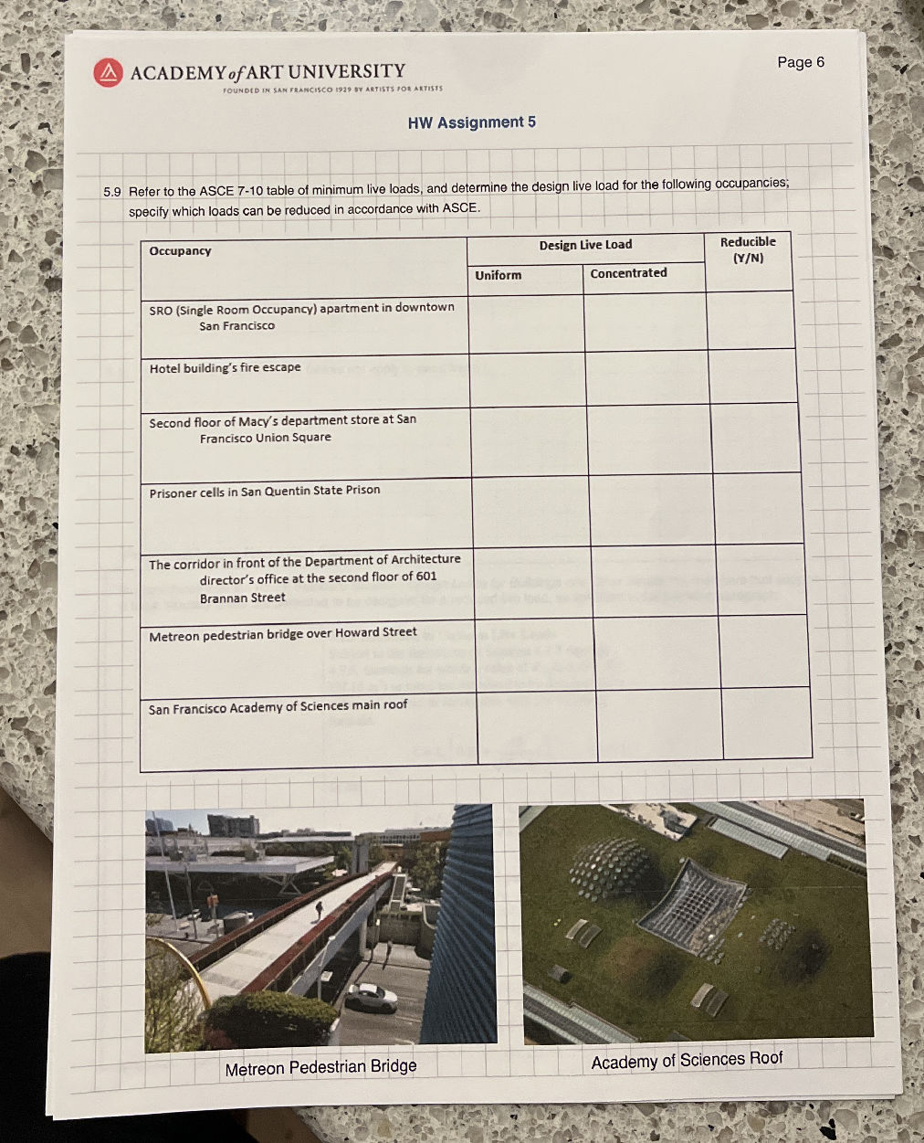 Refer to the ASCE 7-10 table of minimum live | StudyX