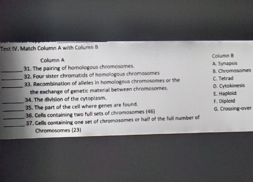 Test IV. Match Column A with Column B | StudyX
