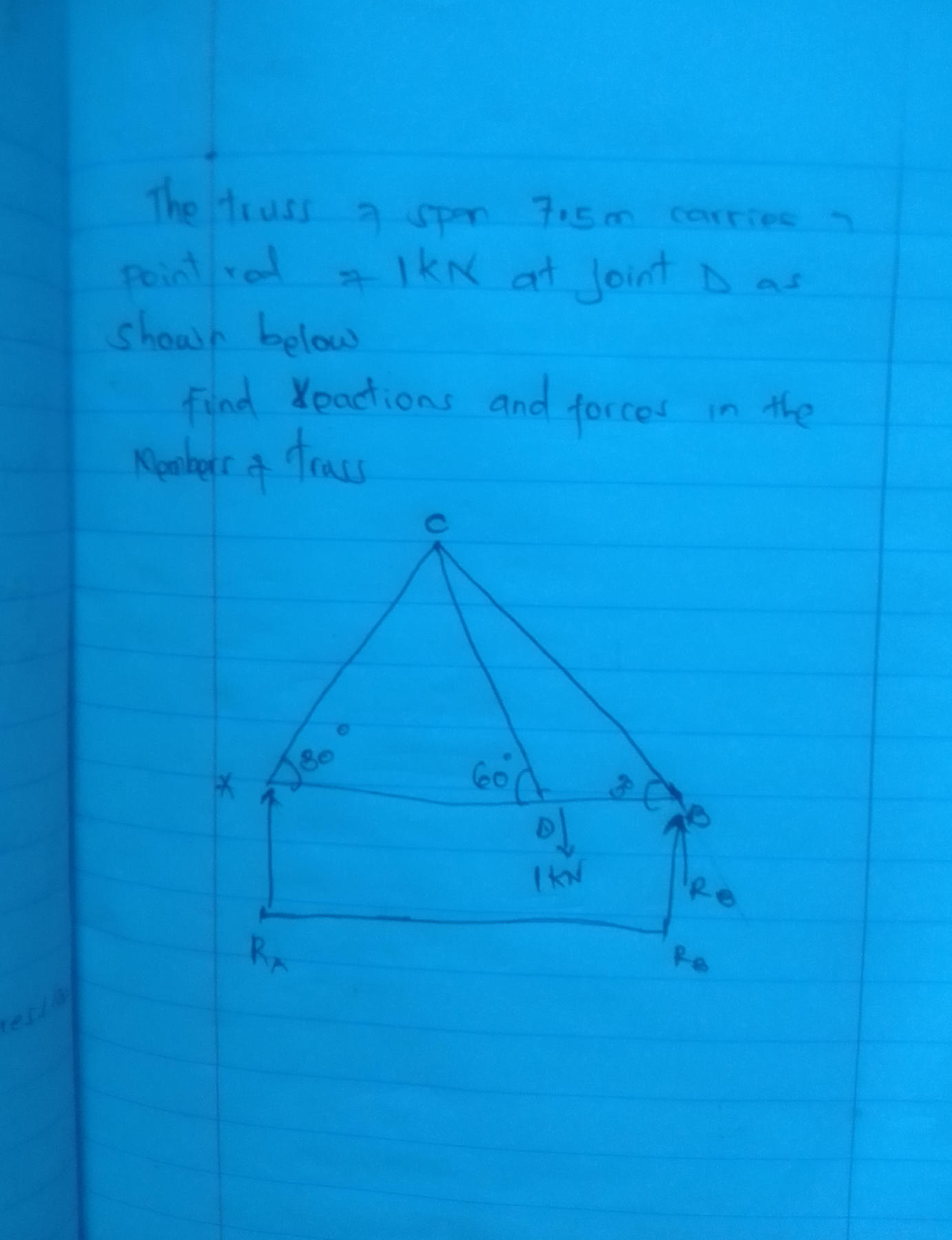 The truss a span 7.5m carries a point load = | StudyX