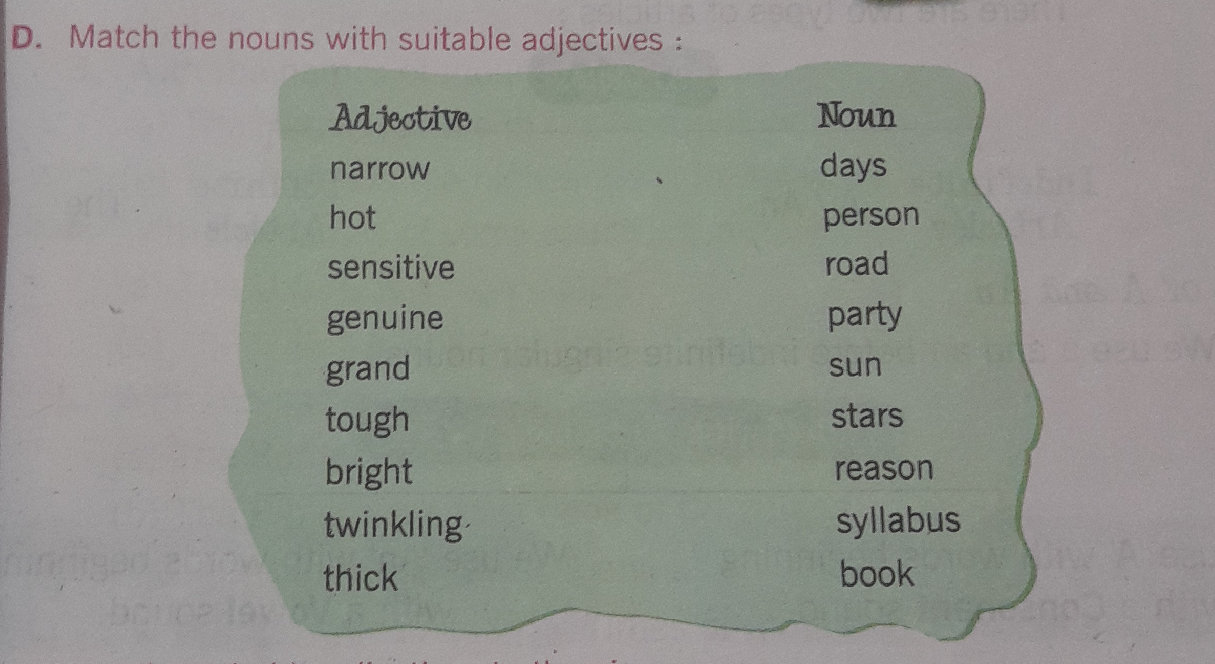 D. Match the nouns with suitable adjectives | StudyX