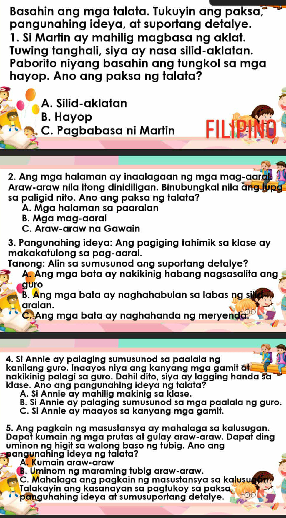 Basahin ang mga talata. Tukuyin ang paksa, | StudyX