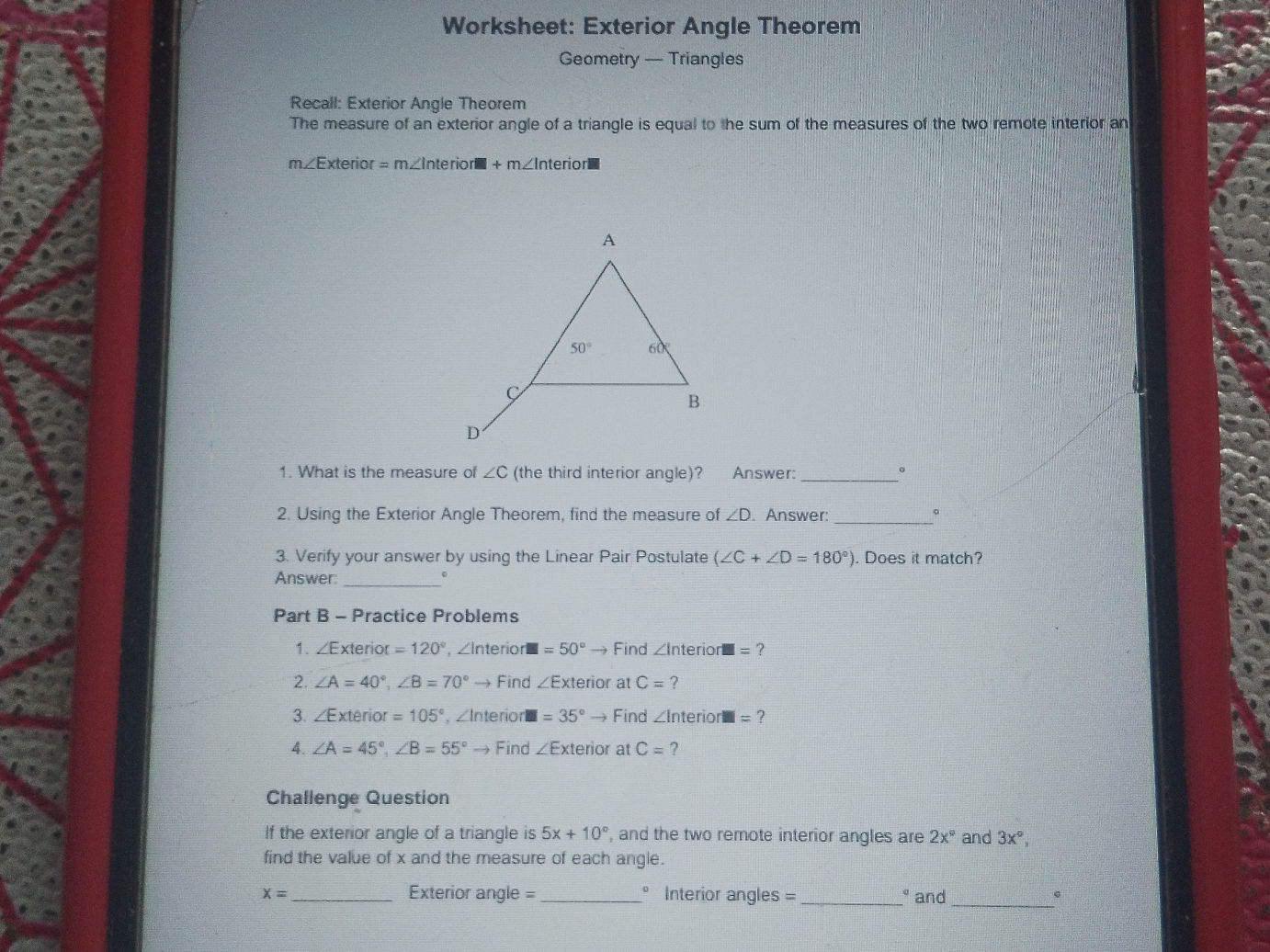 Worksheet: Exterior Angle Theorem Geometry — | StudyX