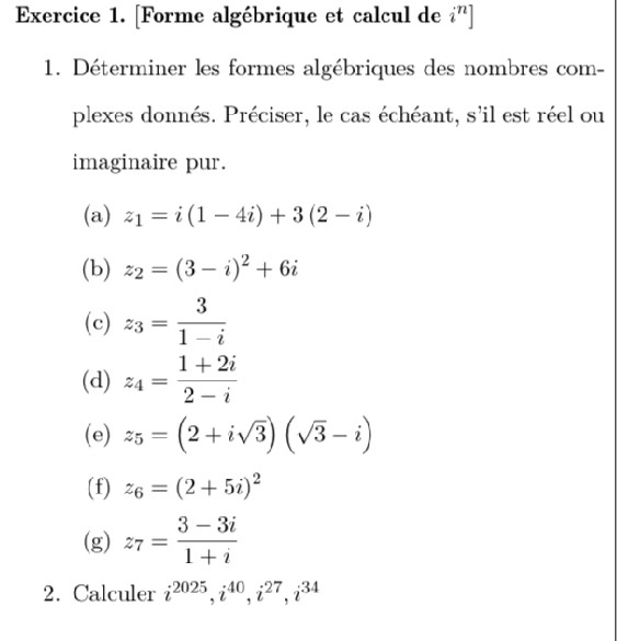 Exercice 1. [Forme algébrique et calcul de | StudyX