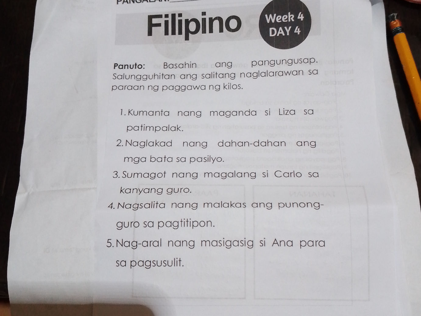 Filipino Week 4 DAY 4 Panuto: Basahin ang | StudyX