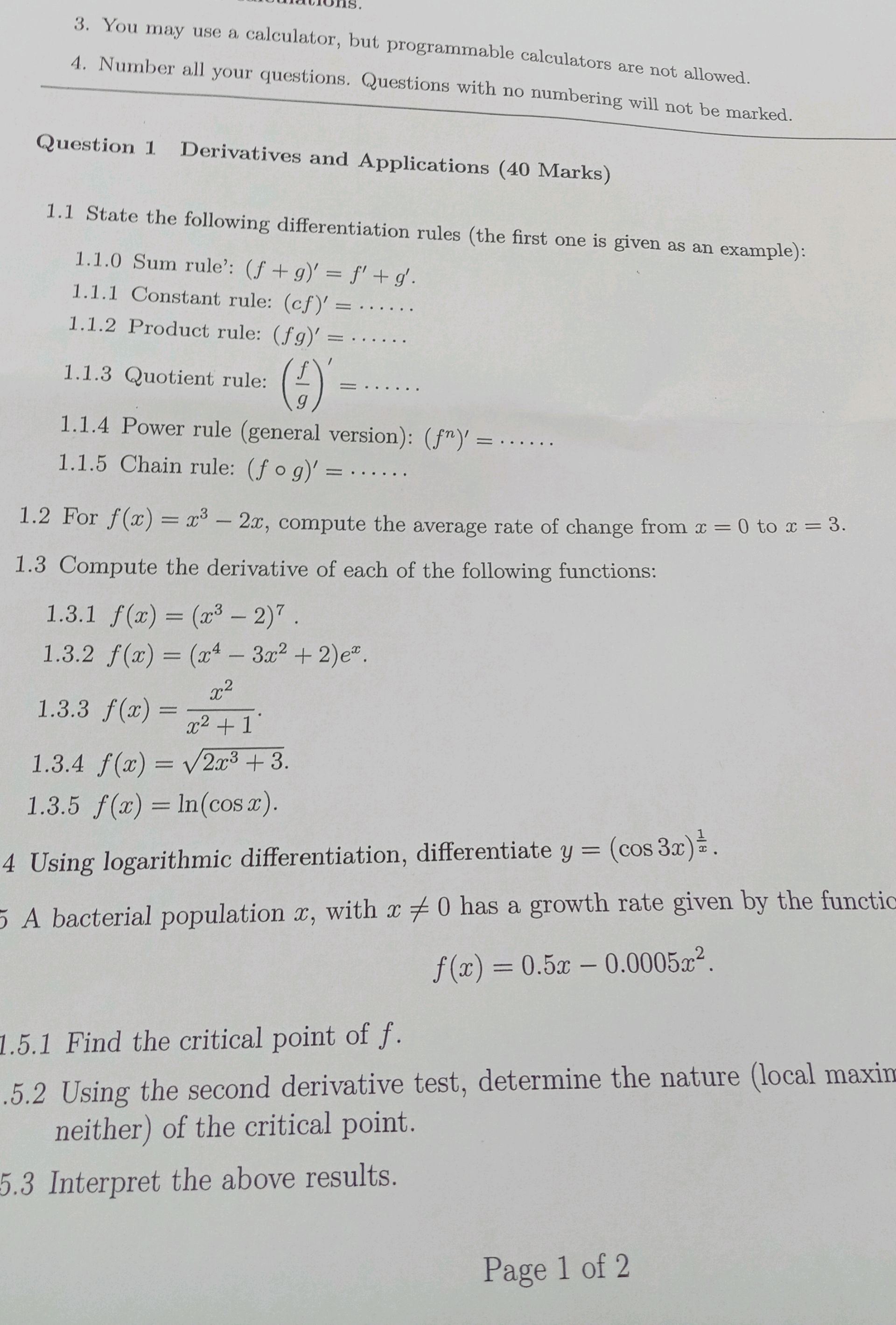 Question 1 Derivatives and Applications (40 | StudyX