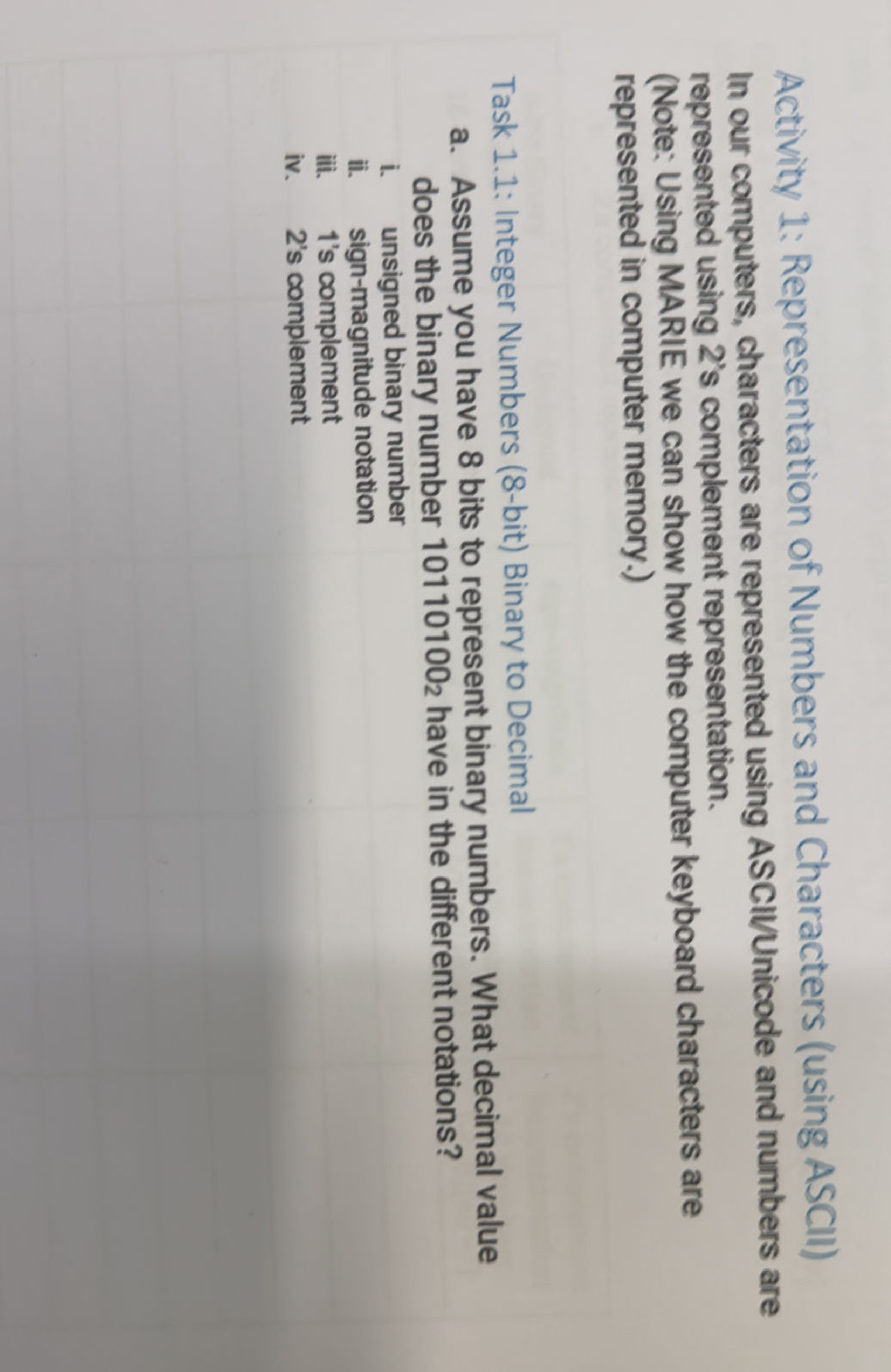 Activity 1: Representation of Numbers and | StudyX