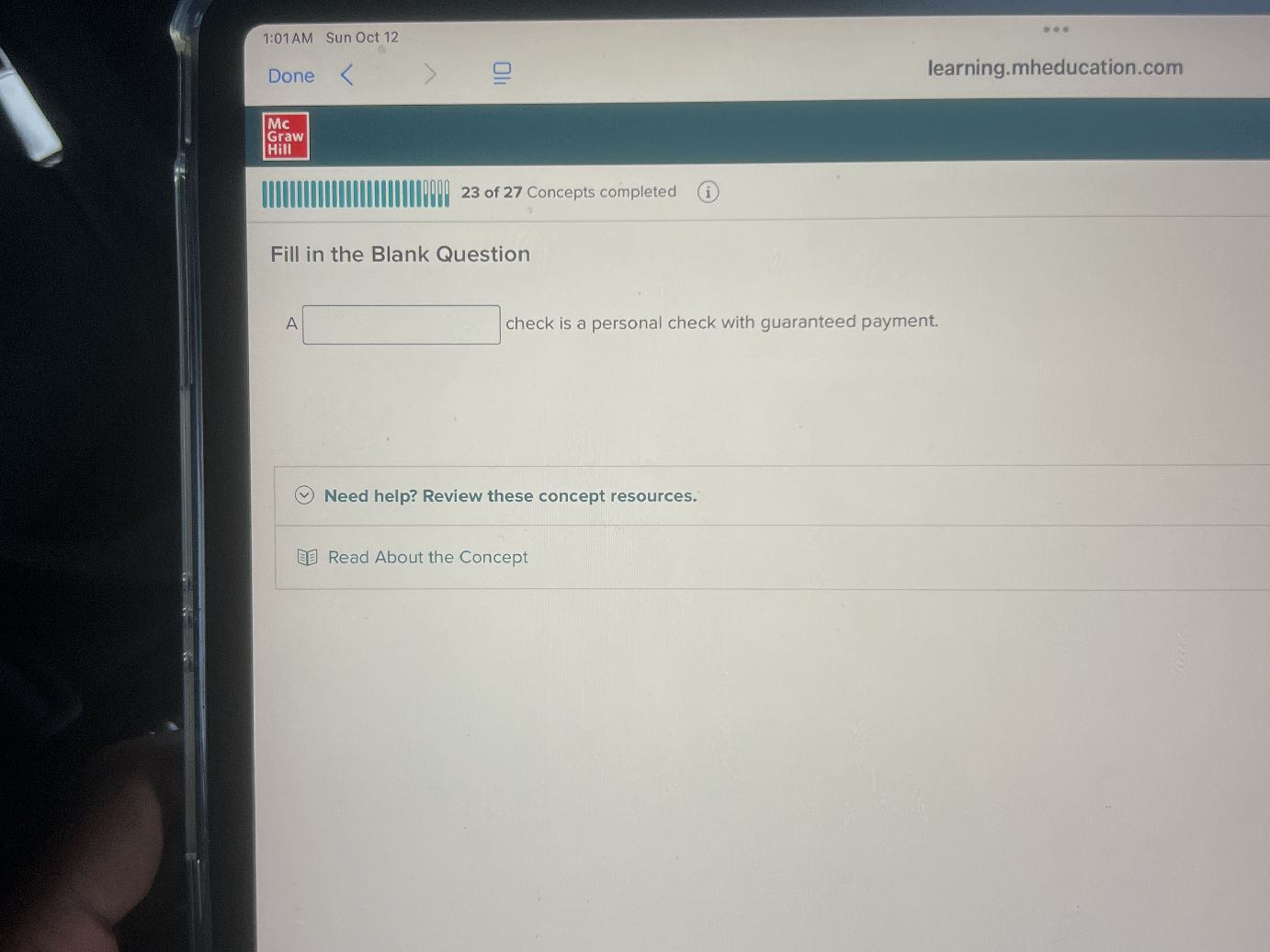 Fill in the Blank Question A ________ check | StudyX