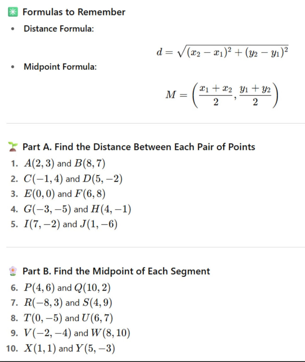 * Formulas to Remember * Distance Formula: | StudyX
